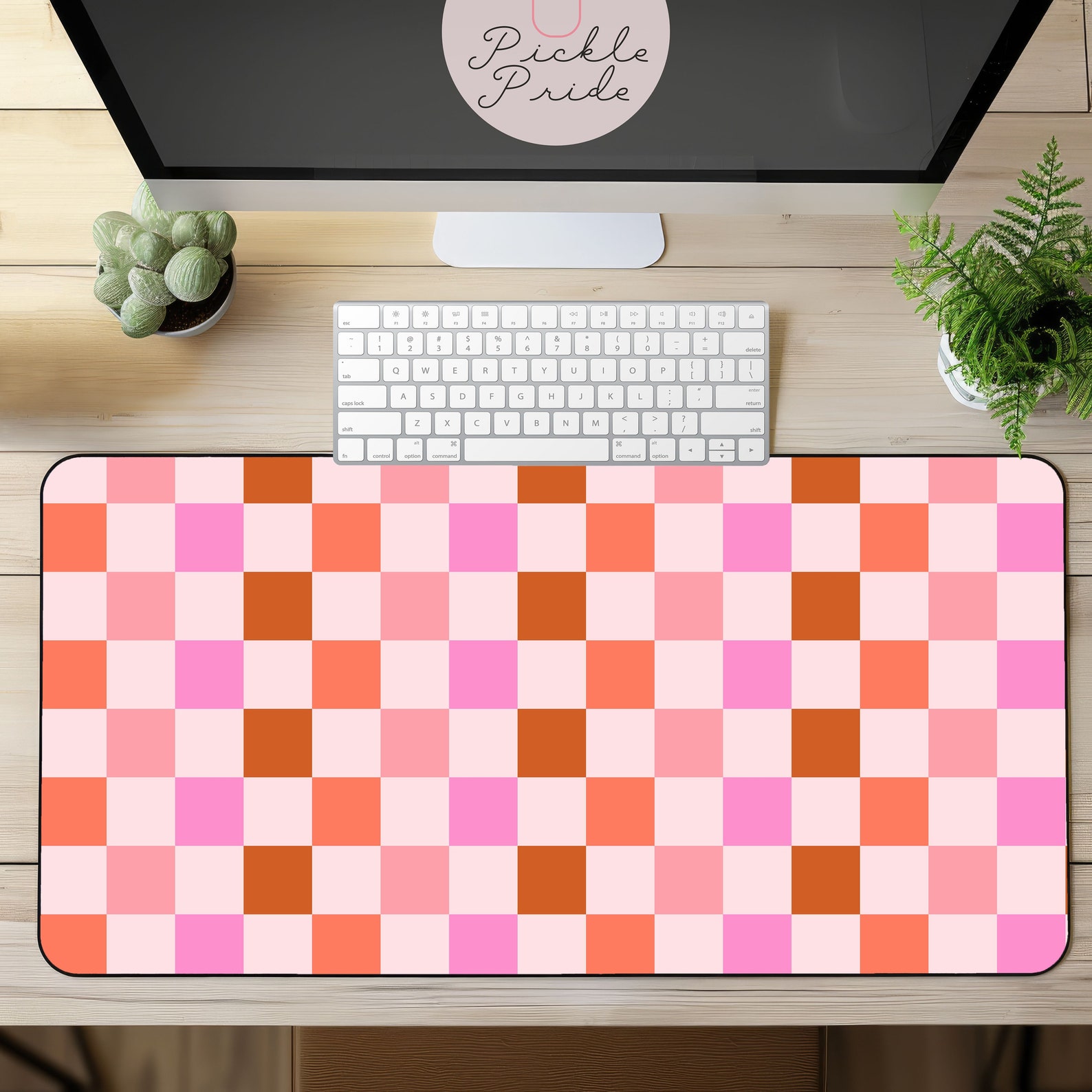 Pink Red Checkered Desk Mat - Aesthetic Office Decor, Modern Desk ...