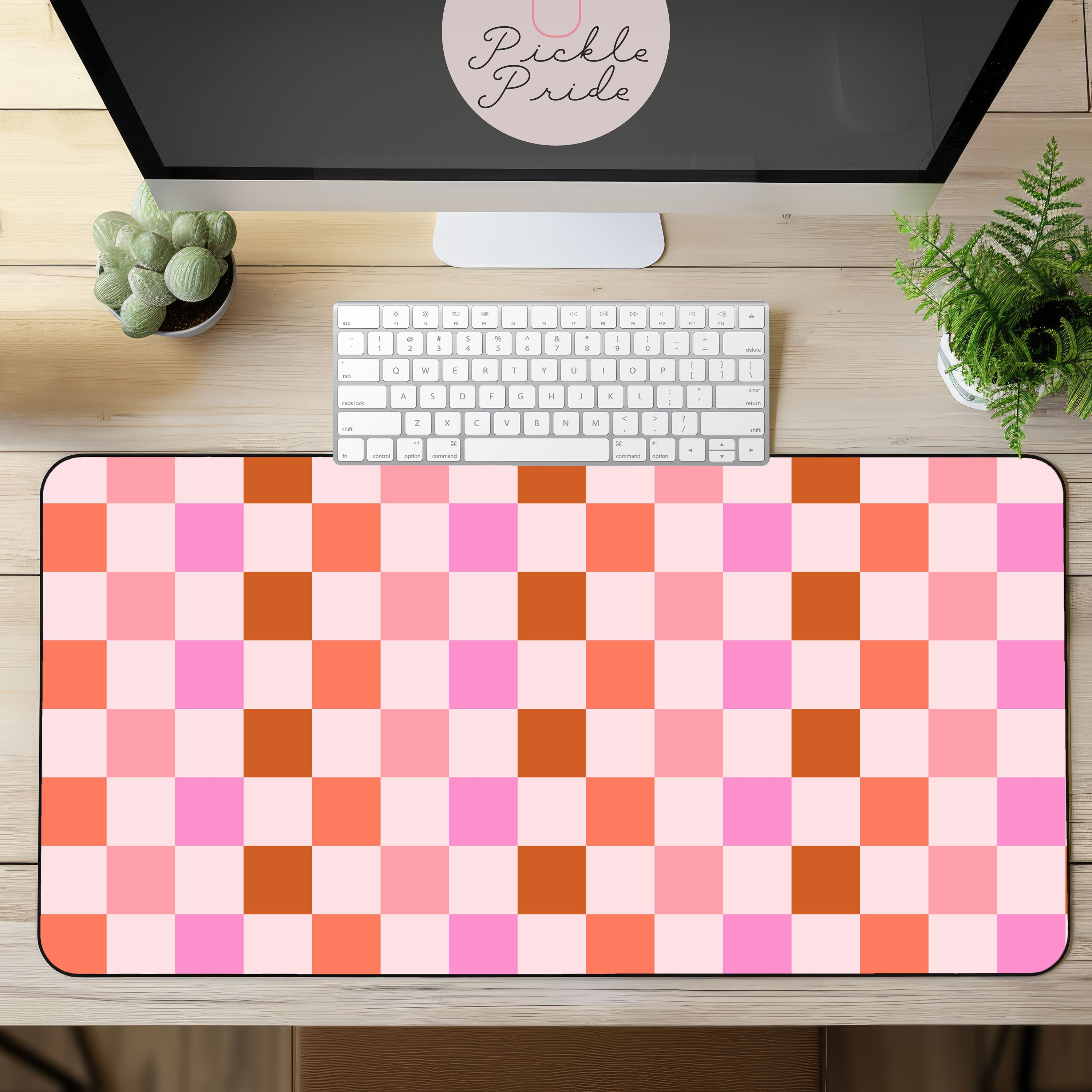 Pink Red Checkered Desk Mat - Aesthetic Office Decor, Modern Desk ...