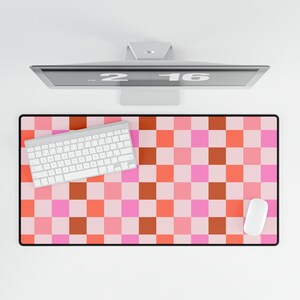 Pink Red Checkered Desk Mat - Aesthetic Office Decor, Modern Desk ...