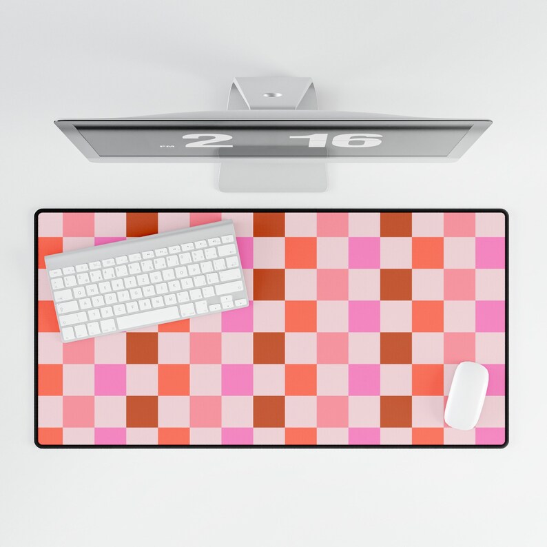 Pink Red Checkered Desk Mat - Aesthetic Office Decor, Modern Desk ...