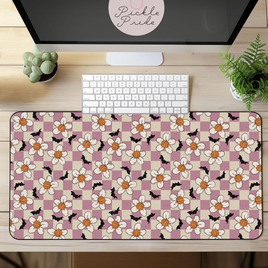Cute Desk Mat, Halloween Desk Mat, Spooky Checkered Floral Pumpkin ...