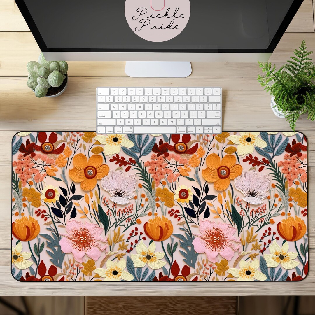 Cottagecore Floral Embroidery Desk Mat, Large Cottagecore Desk Mat ...