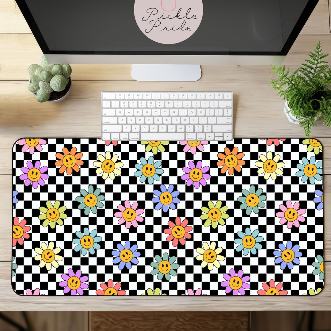 Cute Desk Mat, Teacher Desk Mat, Black and White Checkered Happy Face ...