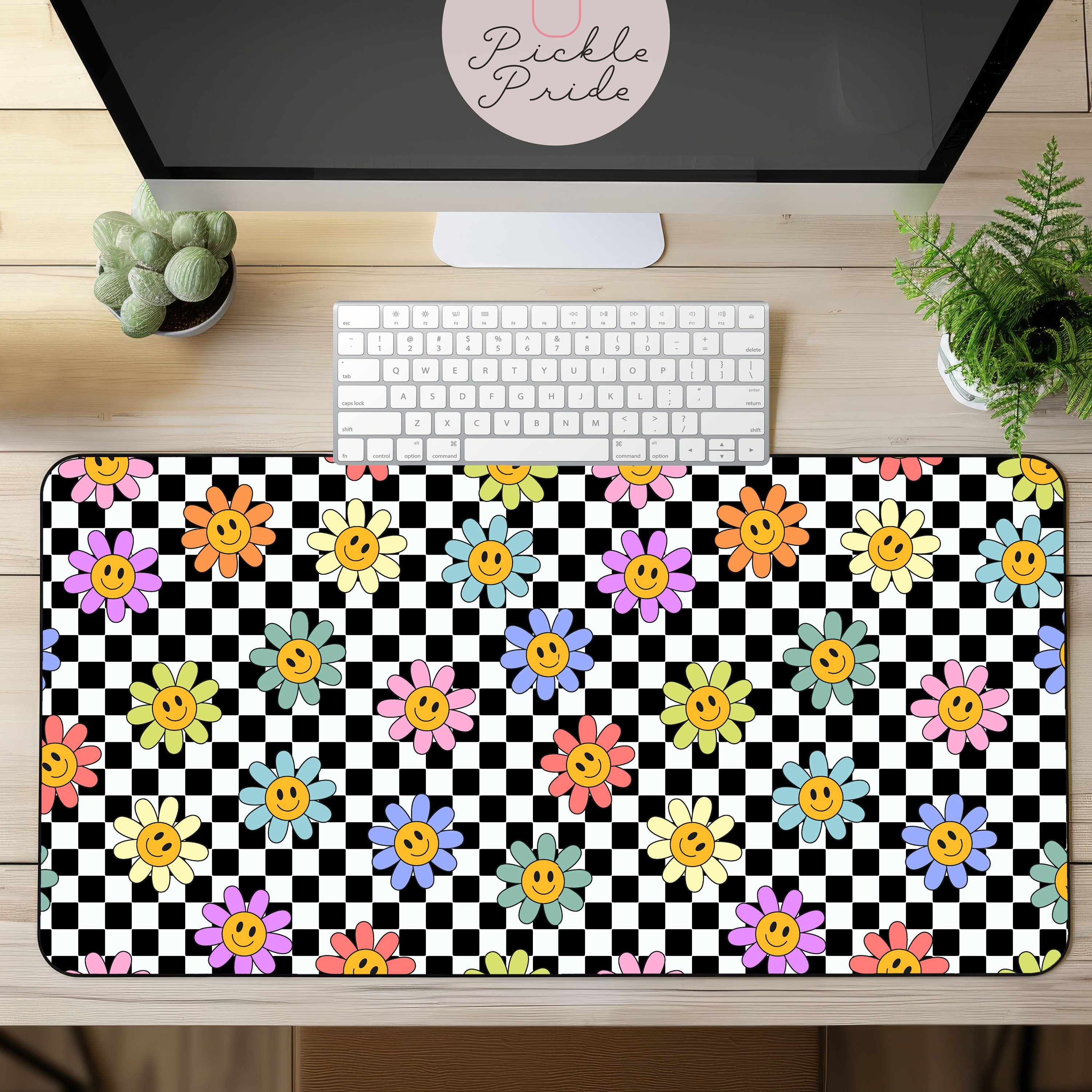 Cute Desk Mat, Teacher Desk Mat, Black and White Checkered Happy Face ...