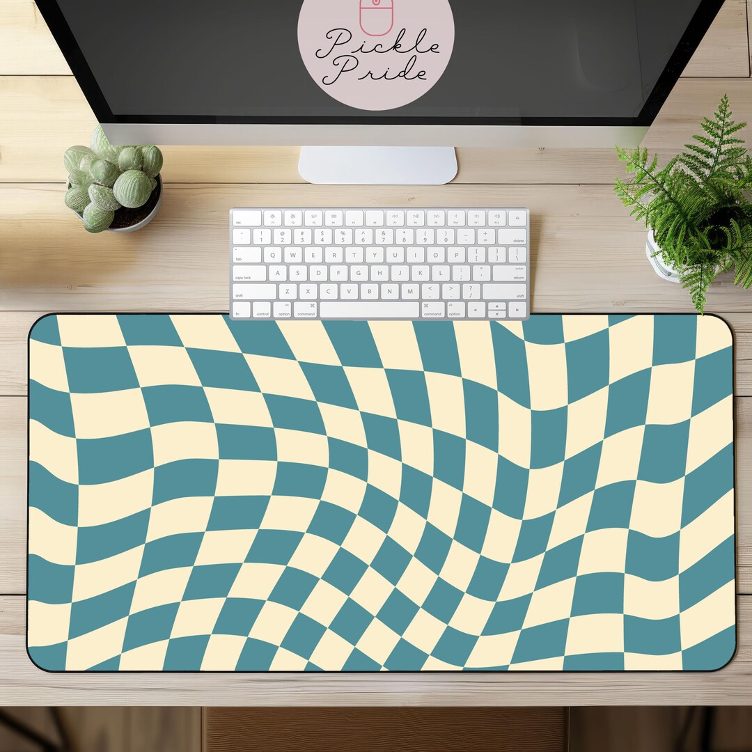 Cute Desk Mat, Blue Wavy Checkerboard Desk Mat, Desk Mat Cute, Desk Mat ...
