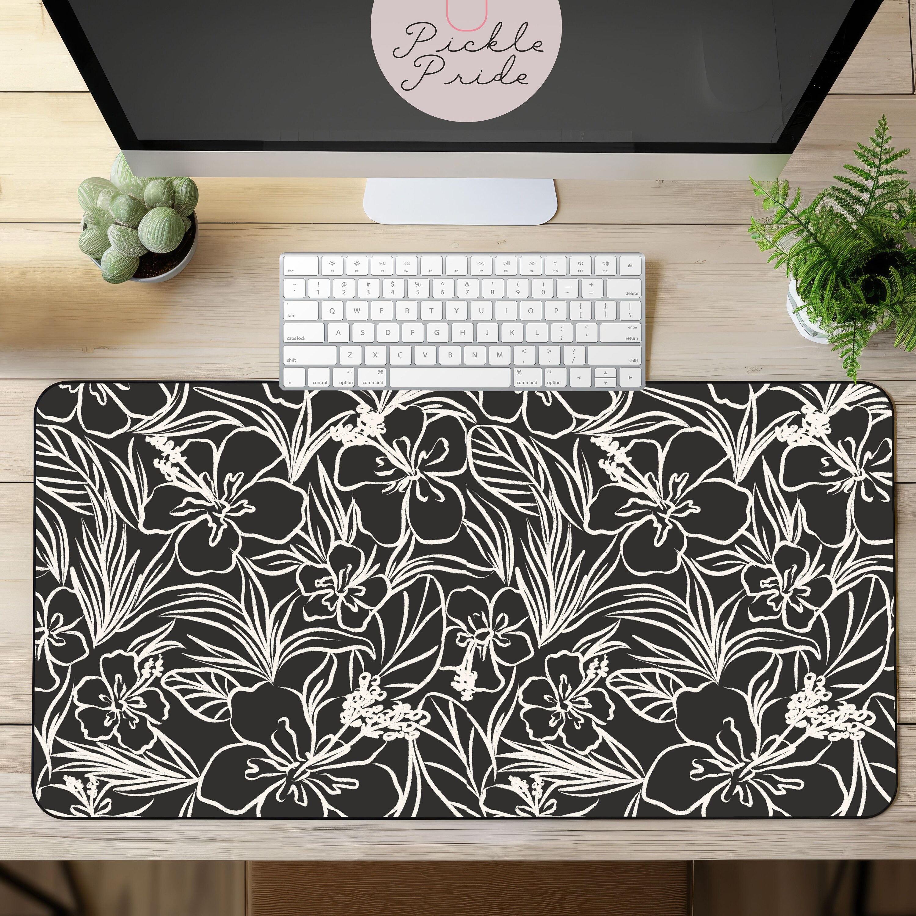 Black White Hibiscus Flower Desk Mat, Hibiscus Flower Desk Mat, Black ...