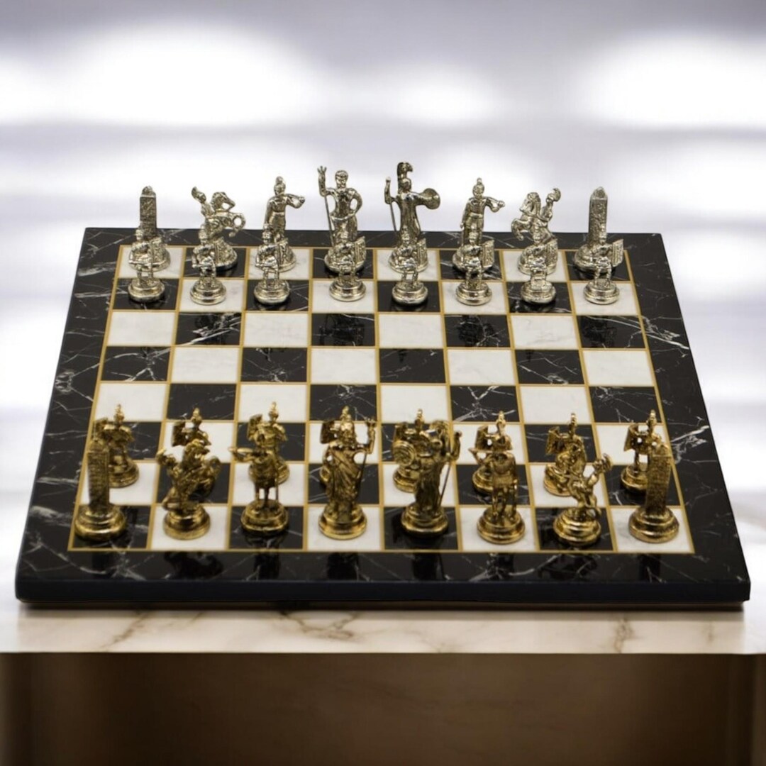 Metal Chess Set With Marble Pattern Board, Medium Size, Greek Design ...