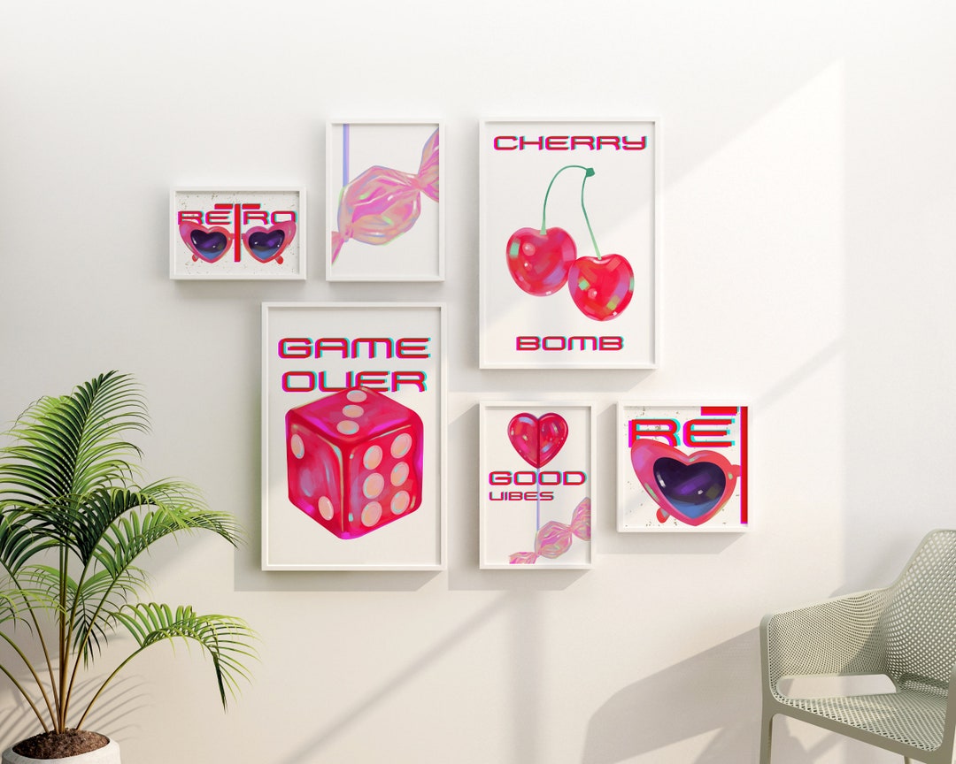 Printable Retro Poster Set of 4, Red and Pink Dice, Cherries, Glasses ...