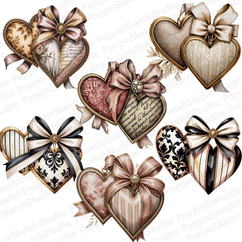Vintage Heart Bow Clipart – Elegant Romantic PNG Collection (digital ...