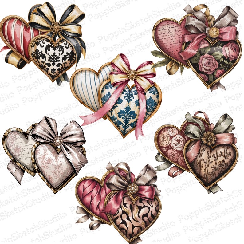 Vintage Heart Bow Clipart – Elegant Romantic PNG Collection (digital ...