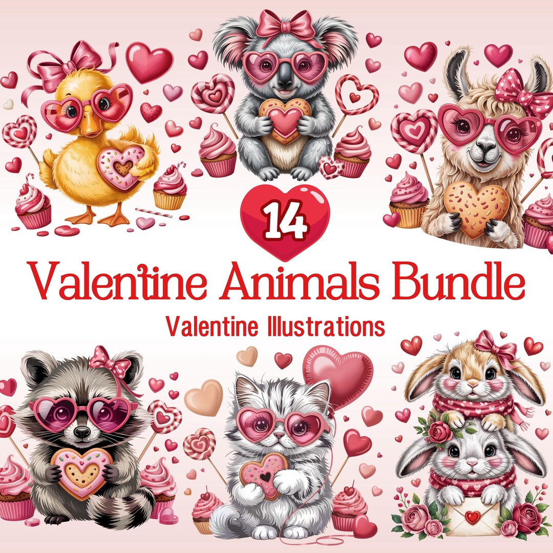 Valentine Animal Clipart Bundle, 14 Animal Illustrations With Hearts ...