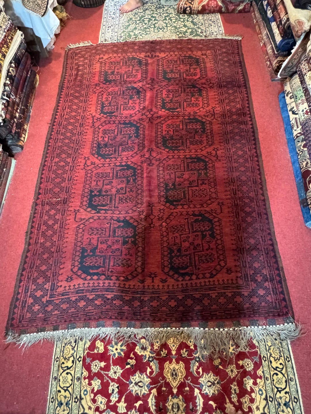 Handmade Afghan Traditional Tekka Bukhara Elephant Foot Pattern Rug ...