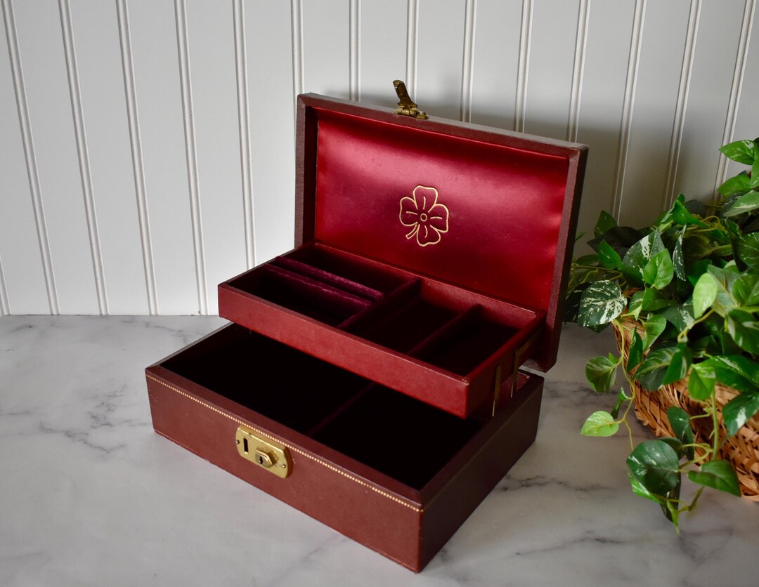 Vintage Maroon Two-tier Jewelry Box, Vintage Jewelry Case, Retro ...