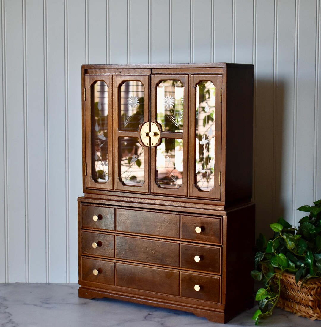 Extra Large Vintage Asian Style Wooden Jewelry Box, Two Doors, Three ...