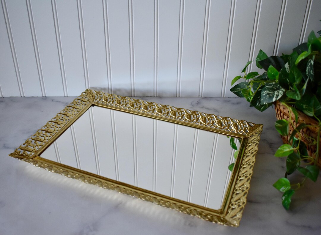 Rectangular Mirrored Vintage Vanity Tray, Gold Metal Filigree Mirrored ...