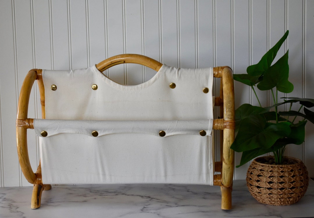 Vintage Rattan and Linen Magazine Holder, Mid Century Magazine Rack ...