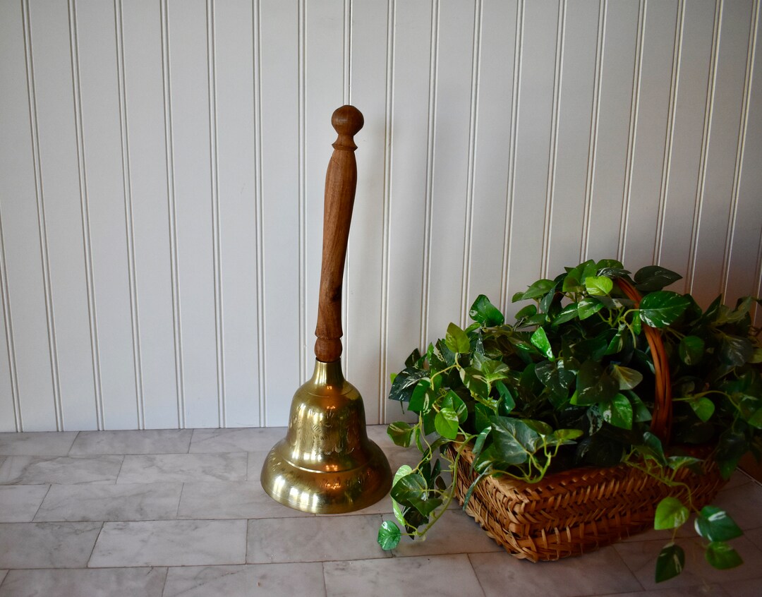 Vintage 15” Tall Etched Brass Bell With Long Wooden Handle, School Bell ...