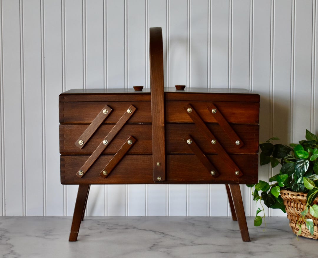 Vintage Wooden Accordion Style Sewing Box With Handle, Legs, and ...