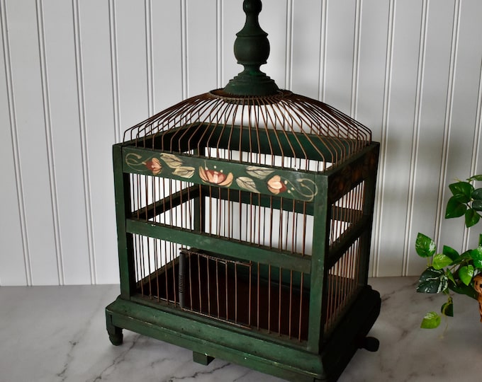 Vintage Dark Green Victorian Style Domed Wood and Wire Hanging or ...