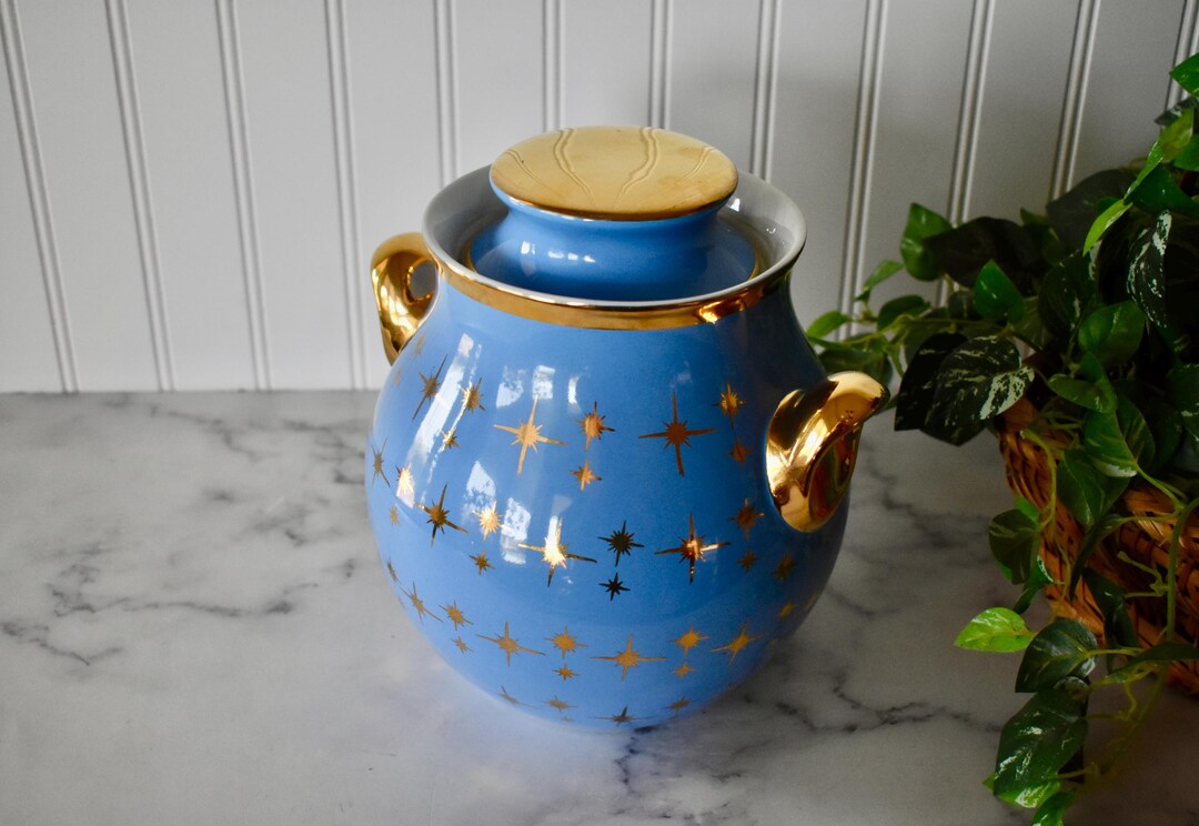 Vintage Hall Blue Cookie Jar With Gold Starburst Designs, Gold Handles ...
