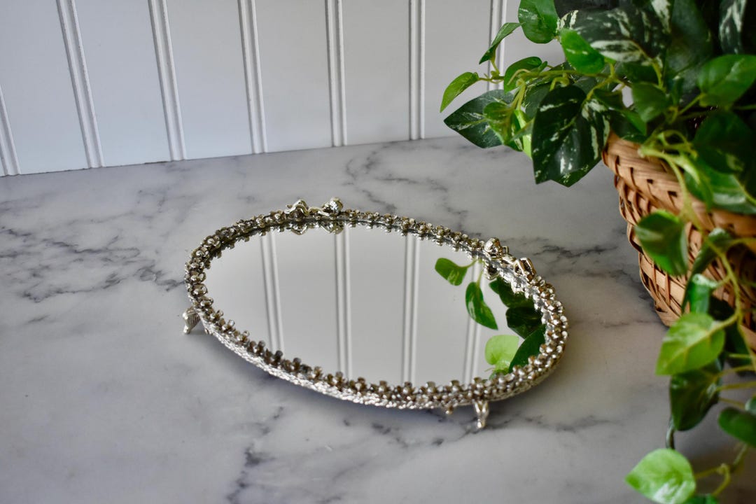 Small Vintage Sam Fink Silver Oval Mirrored Vanity Tray, Retro Vanity ...