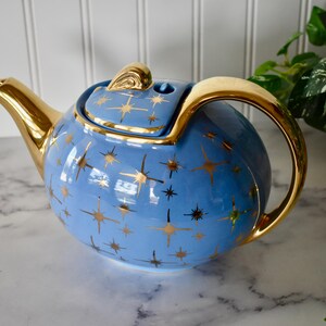 Vintage Hall Blue Teapot With Gold Starburst Designs and Hook Lid, Gold ...