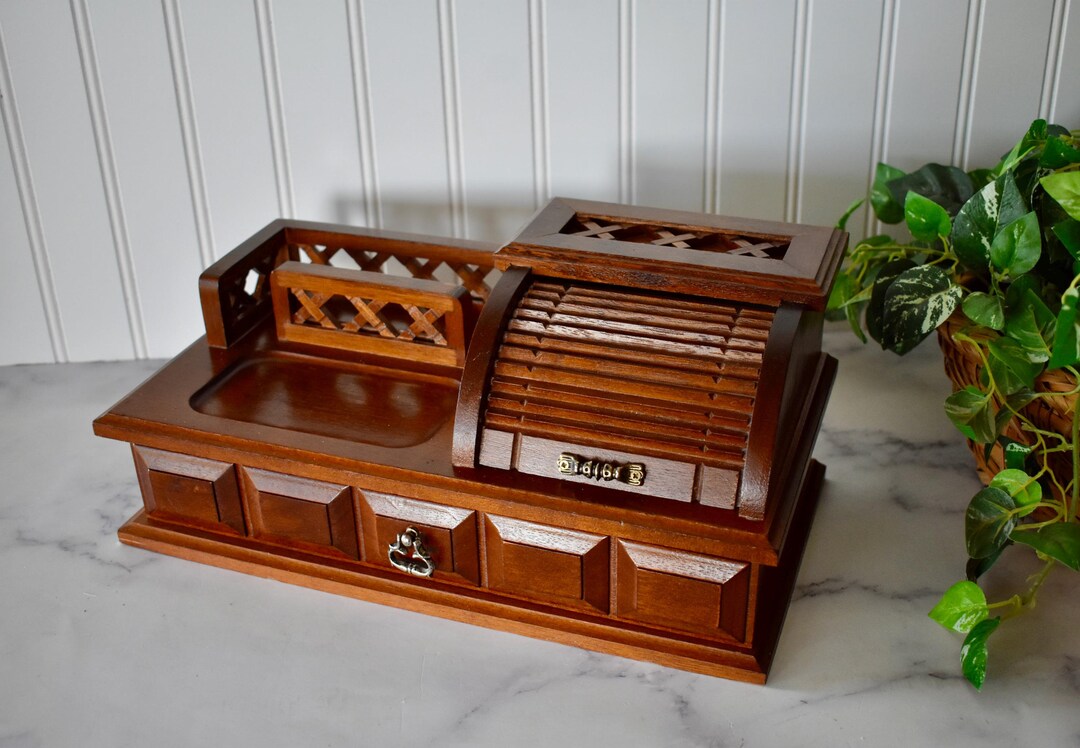 Vintage Men's Wooden Jewelry Valet With Rolltop Compartment, Bedside ...