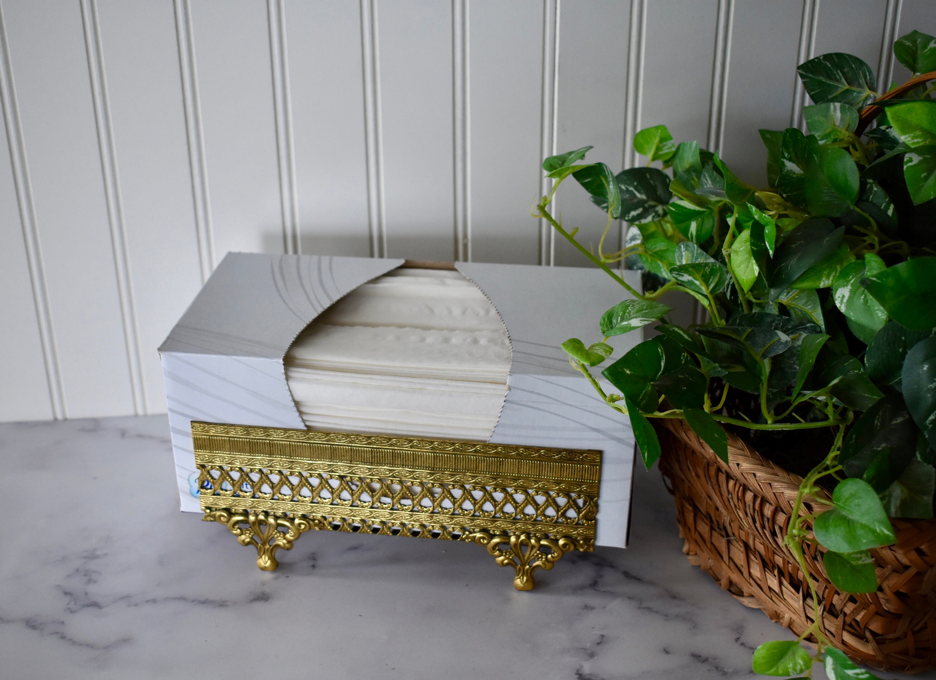Vintage Gold Metal Filigree Tissue Box Holder, Kleenex Box Holder ...