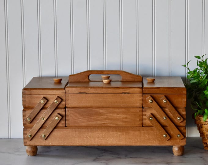 Vintage Wood Accordion Style Sewing Box With Handle, Feet, and Dovetail ...