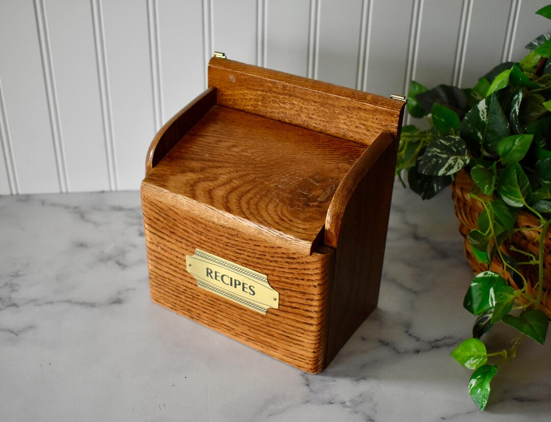 Vintage Wooden Medium Oak Standing or Hanging Recipe Box With Flip up ...