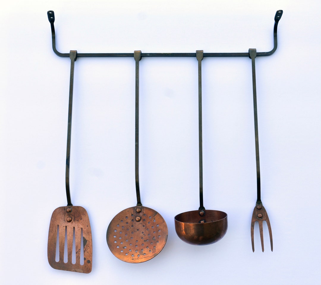Vintage Copper and Brass Decorative Hanging Utensil Set, Rustic Kitchen ...