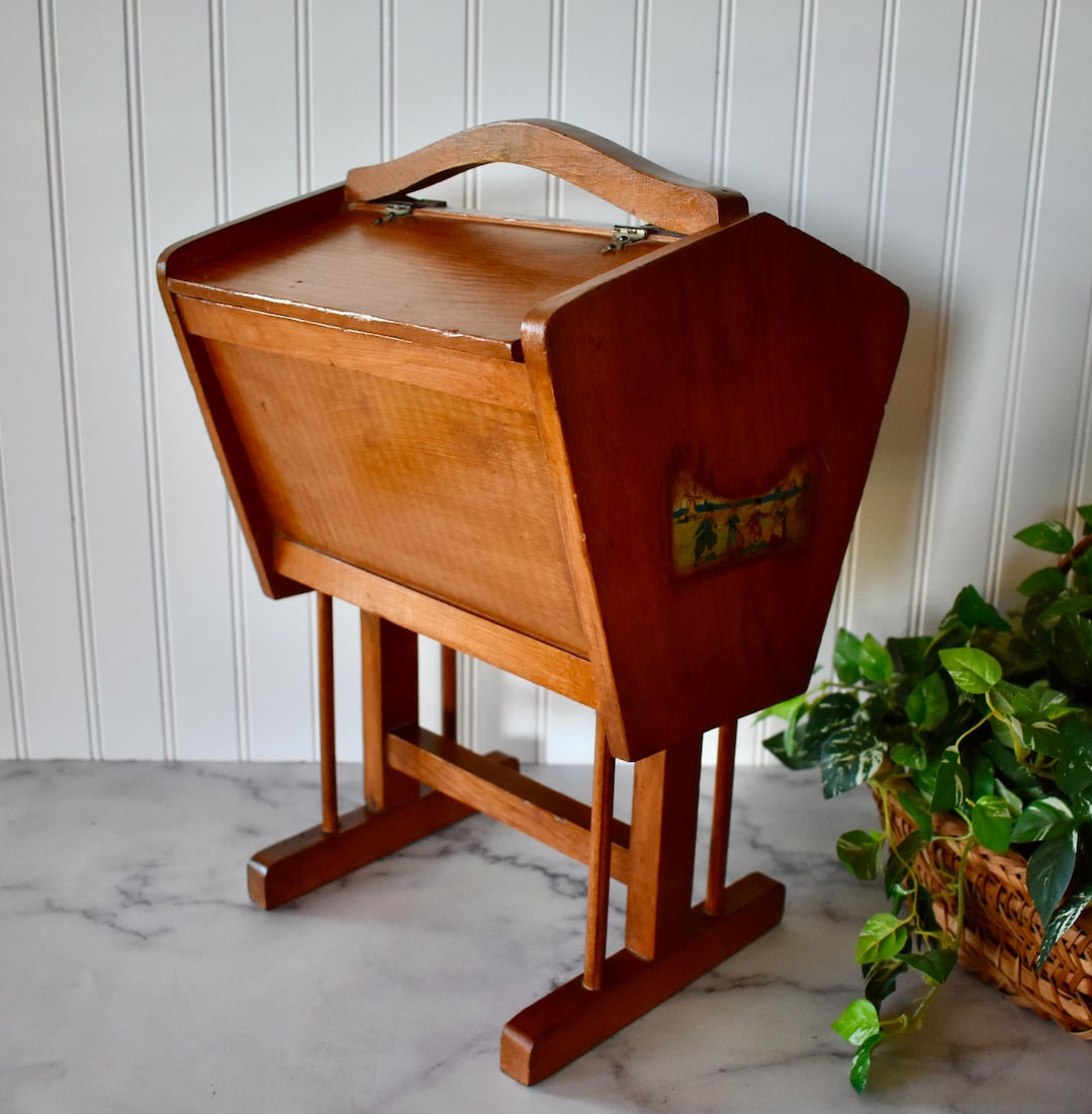 Vintage Wooden Standing Sewing Box With Handle and Dutch Children ...