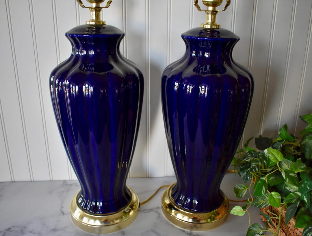 Vintage Cobalt Blue Table Lamp Set, Ginger Jar Urn Shaped Scalloped ...