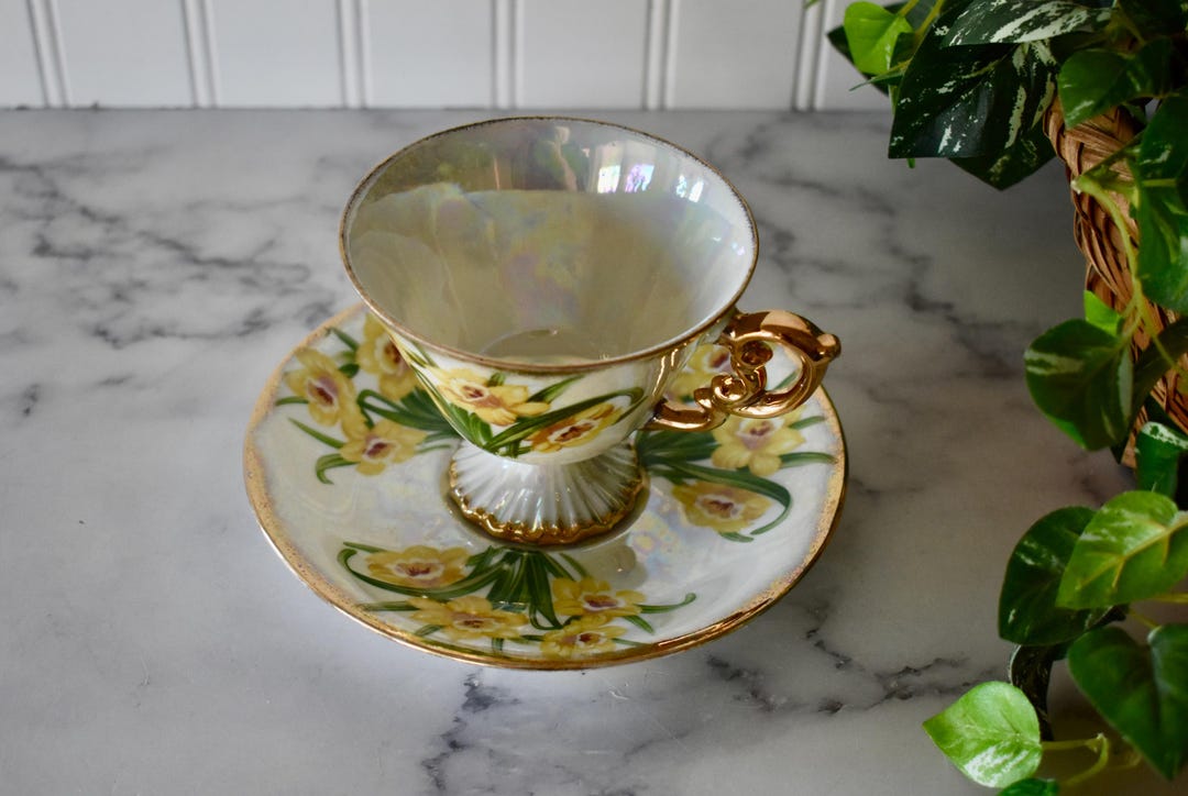 Vintage March Daffodil Teacup and Saucer With Iridescent Glaze, Gold ...