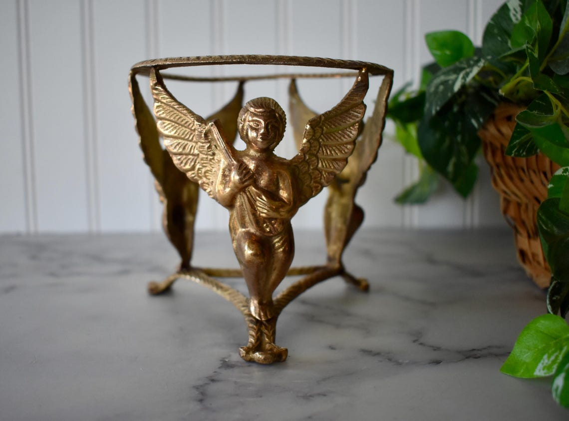 Vintage Brass Angel Stand, Plant Holder, Candle Holder, Orb Stand ...