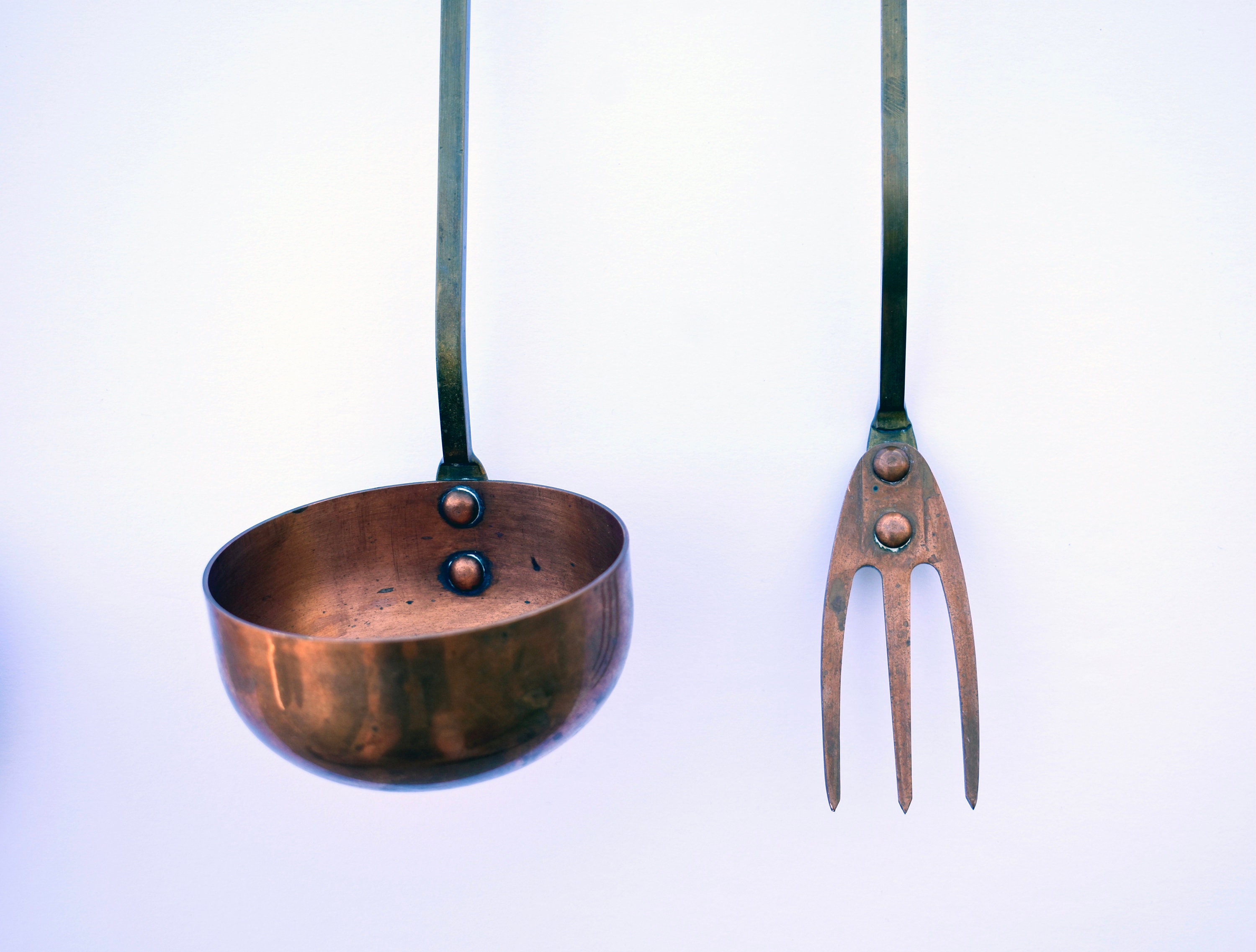 Vintage Copper and Brass Decorative Hanging Utensil Set, Rustic Kitchen ...