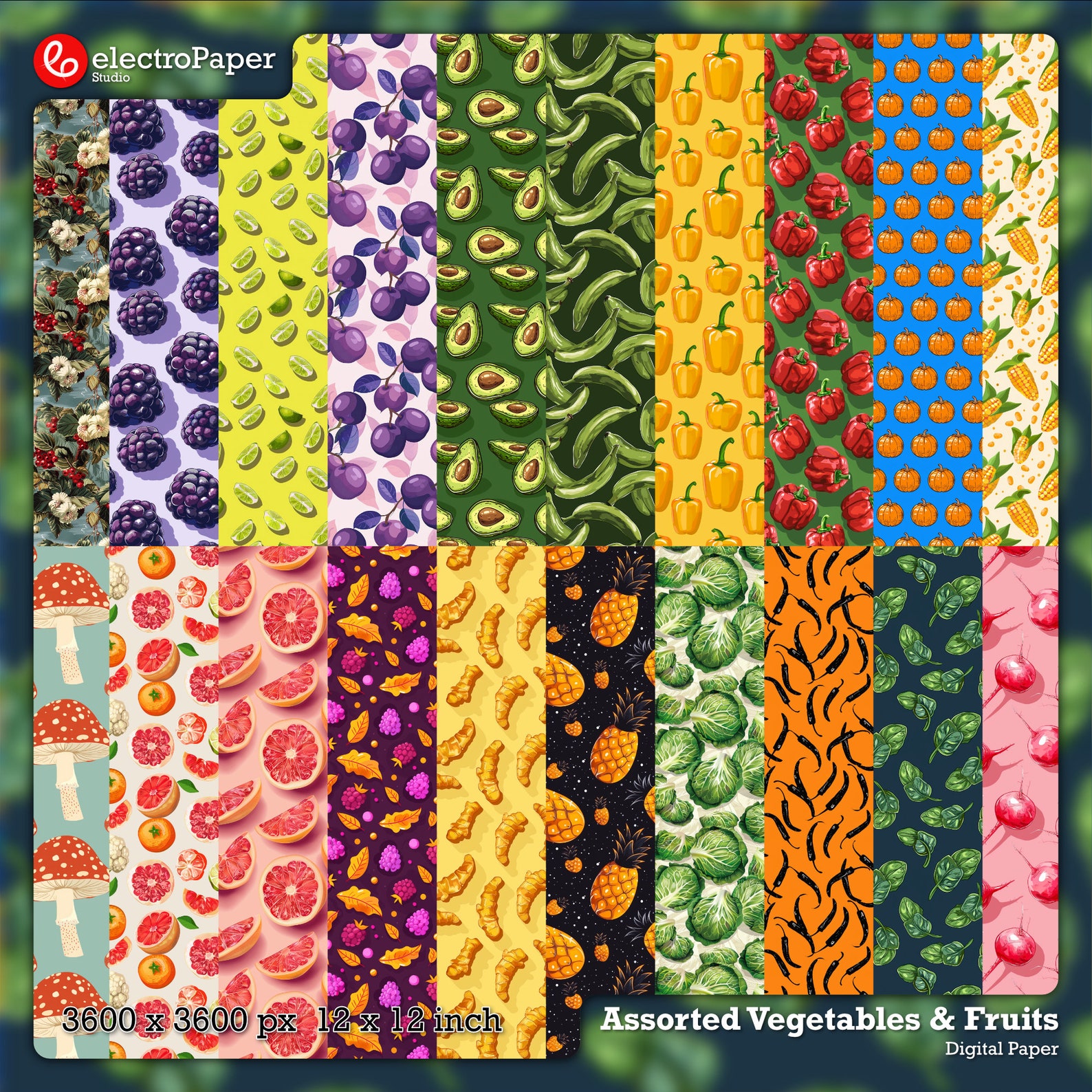 Assorted Vegetables and Fruits Digital Paper - Vegetables Clipart ...
