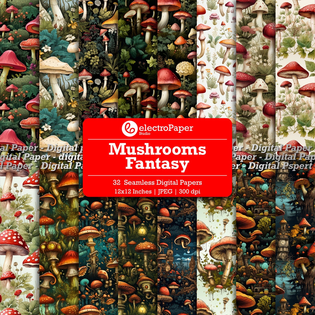 Mushrooms Fantasy Digital Paper, Mushrooms Watercolor, Mushrooms ...