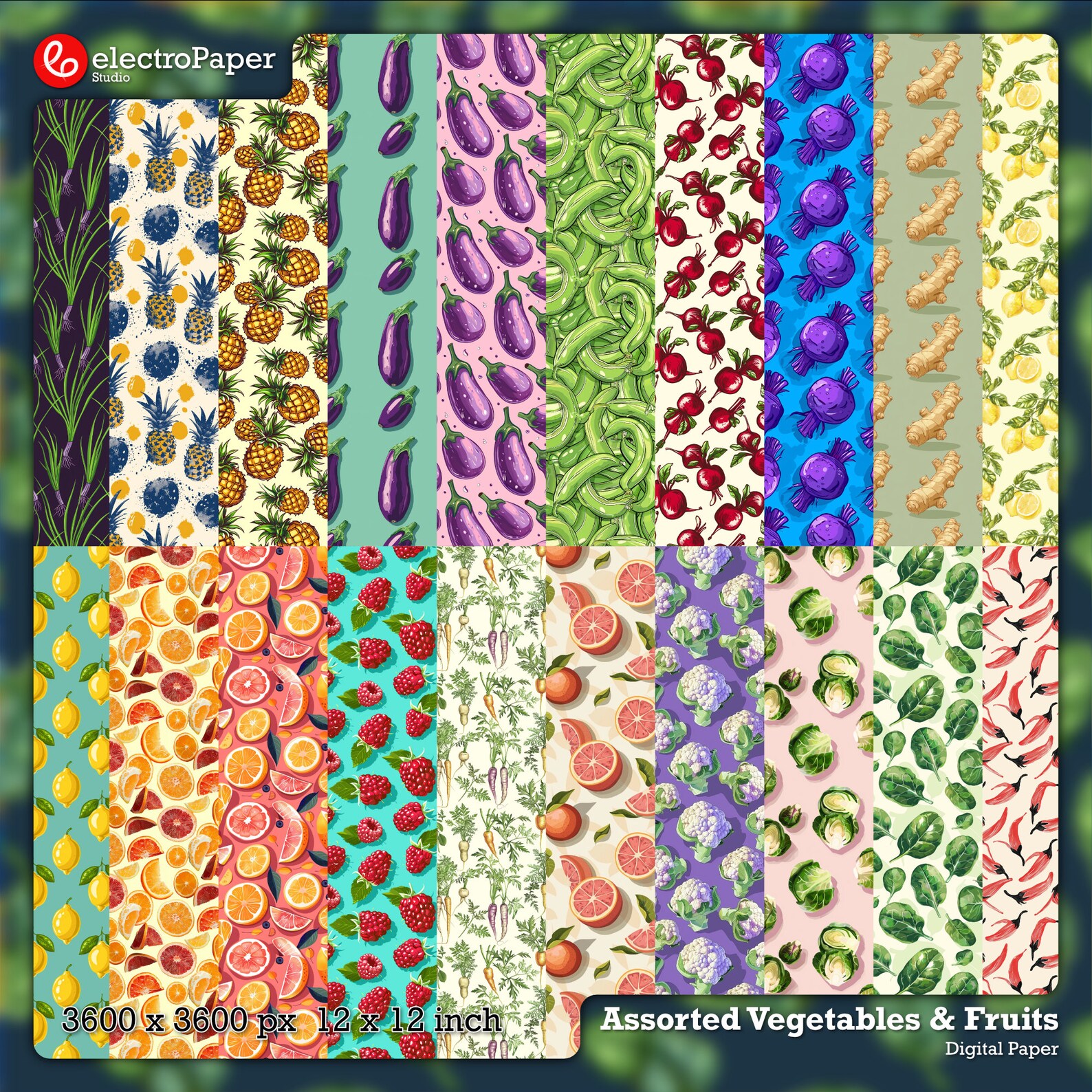Assorted Vegetables and Fruits Digital Paper - Vegetables Clipart ...