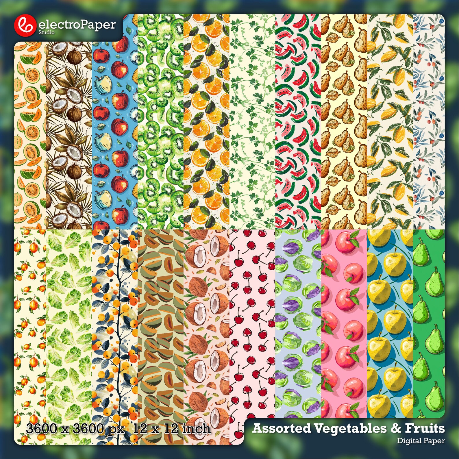 Assorted Vegetables and Fruits Digital Paper - Vegetables Clipart ...