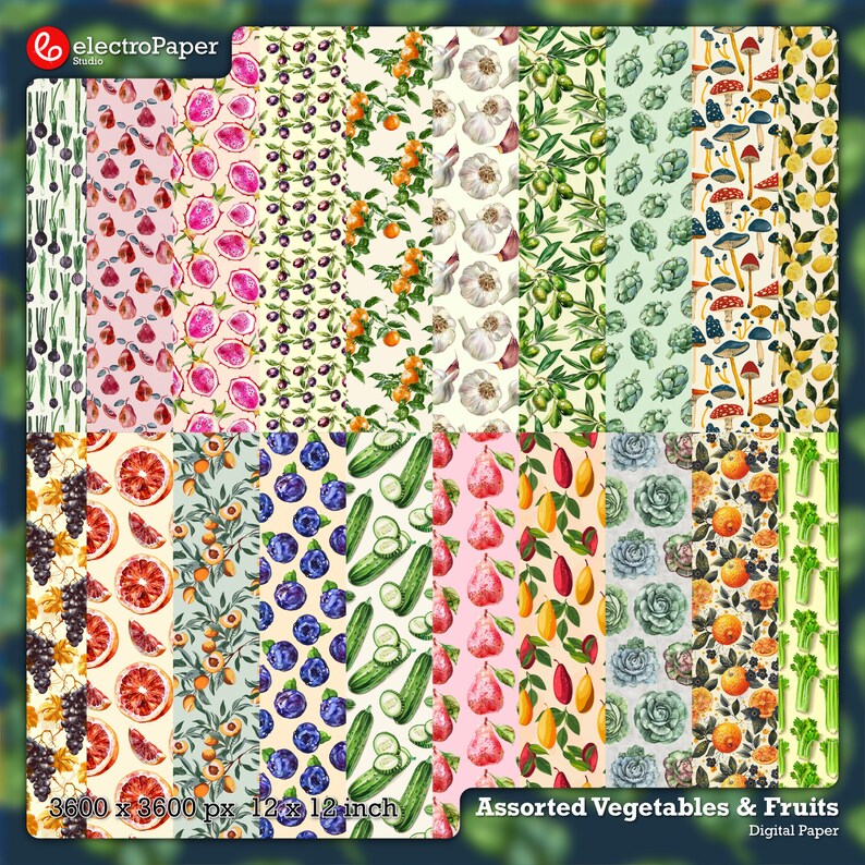Assorted Vegetables and Fruits Digital Paper - Vegetables Clipart ...