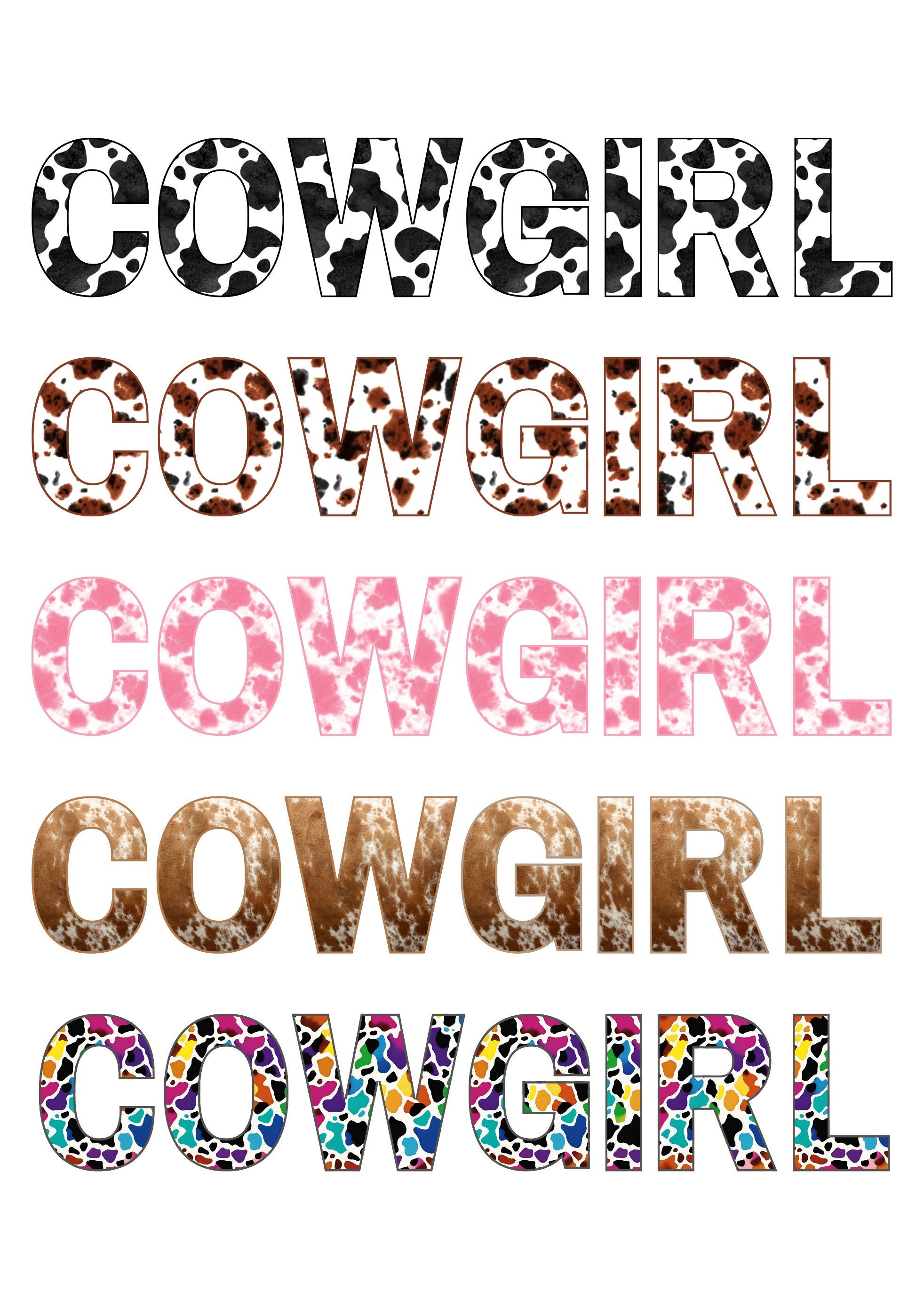 5 Styles of Cowgirl Text in Cow Print transparent Background Digital ...