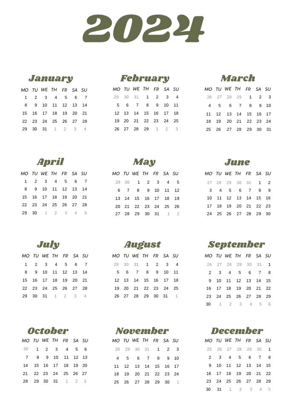 2024 Overview Calendar Month View Year View Calendar - Etsy