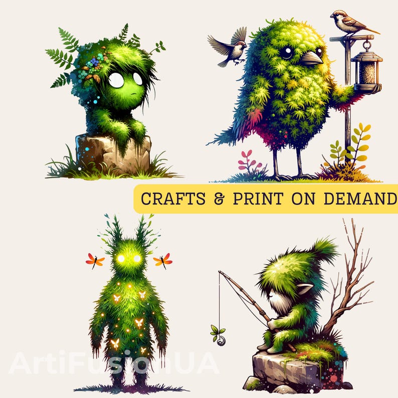 Watercolor Mossling Clipart, Cute Fluffy Fairy Moss PNG for Crafting ...