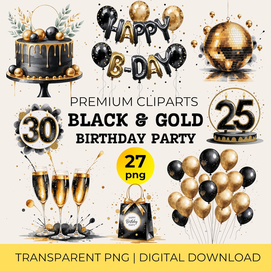 Black & Gold Birthday Clipart: Watercolor Balloons, Cake (PNG ...