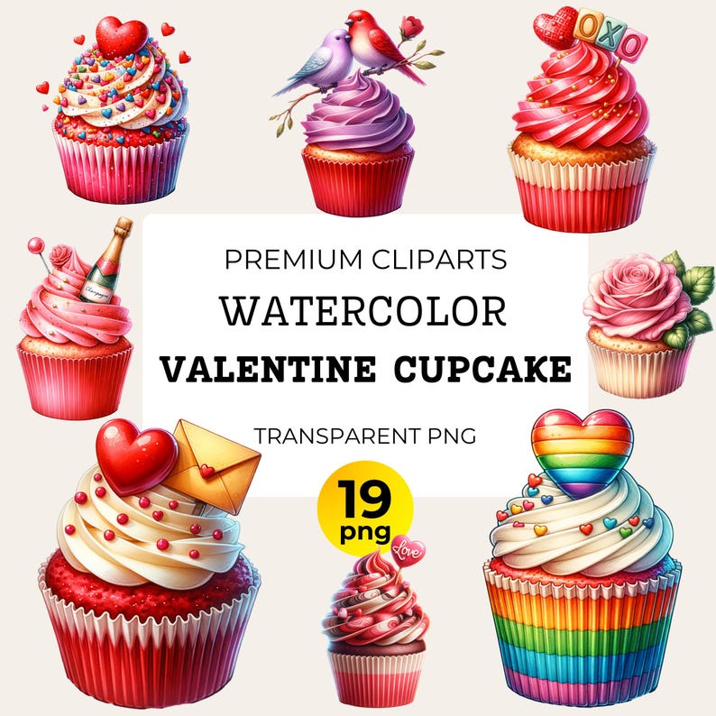 19 Watercolor Valentines Day Clipart, Cupcake PNG, Romantic Clipart for ...
