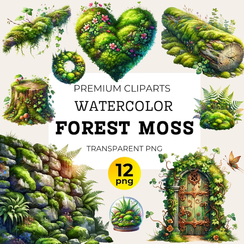 12 Watercolor Moss Clipart, Mossy Rocks and Stumps Botanical PNG ...