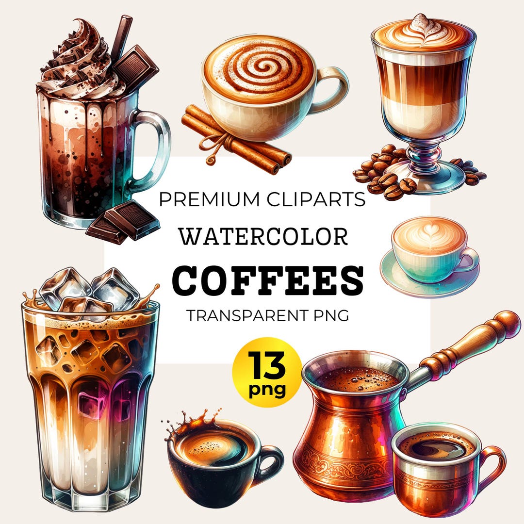 Watercolor Coffee Clipart Set: Cappuccino, Iced Coffee (13 PNG) - Etsy