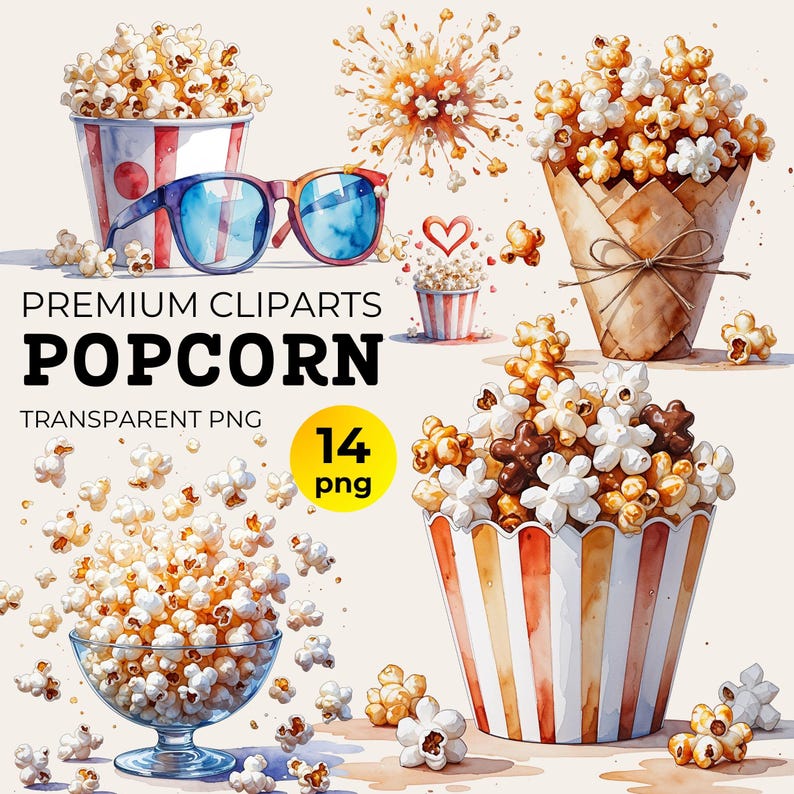 Popcorn Clipart Bundle, Watercolor Retro Popcorn Bucket PNG for Movie ...