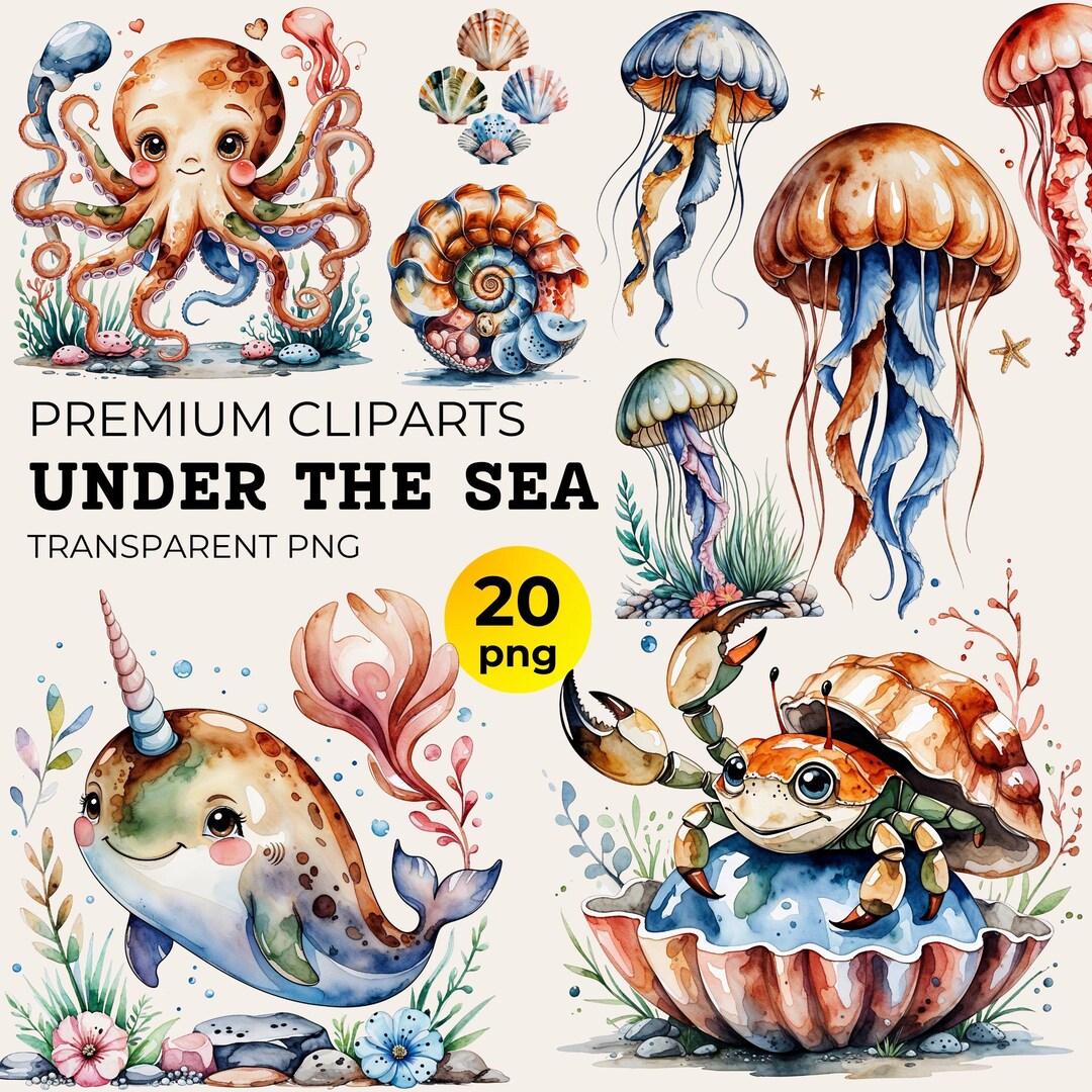Watercolor Sea Animal Clipart Bundle: Ocean Nursery Decor (PNG) - Etsy